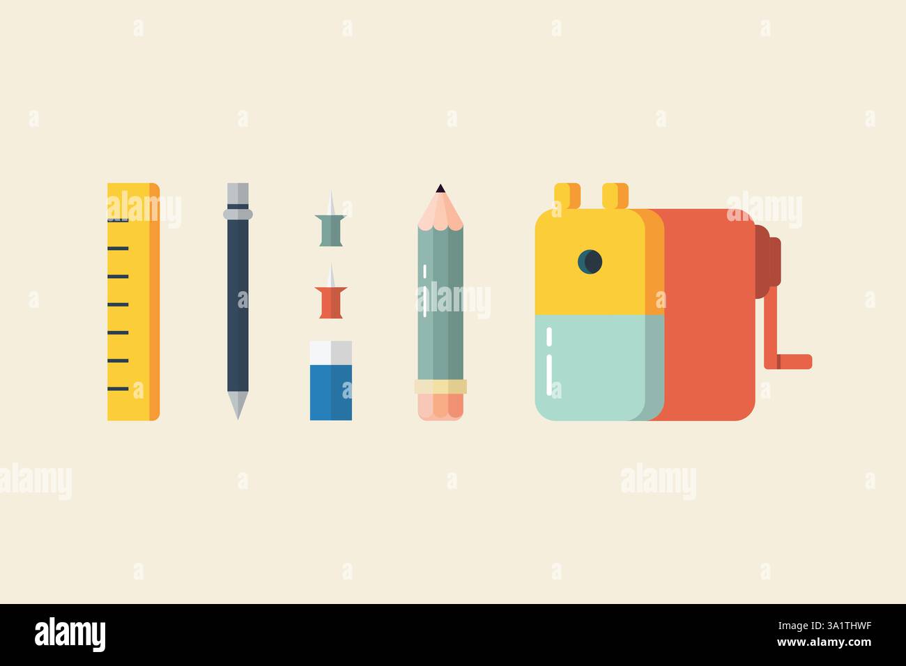 Pen pencil ruler and sharpener in flat style. Vector illustration Stock ...