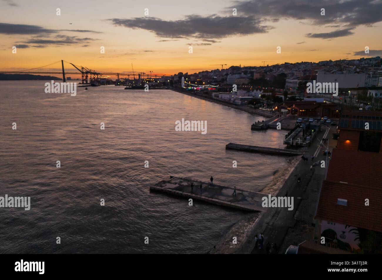 Aerial view of waterside Cais do Sodre at sunset, a buzzing nightlife ...