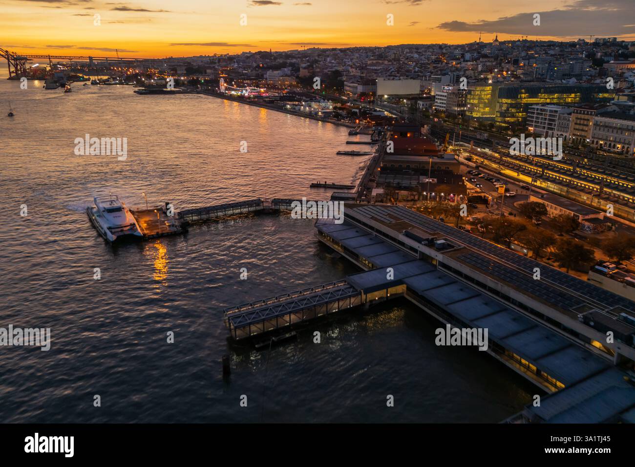 Aerial view of Cais do Sodre docks at sunset, Lisbon, Portugal Stock ...