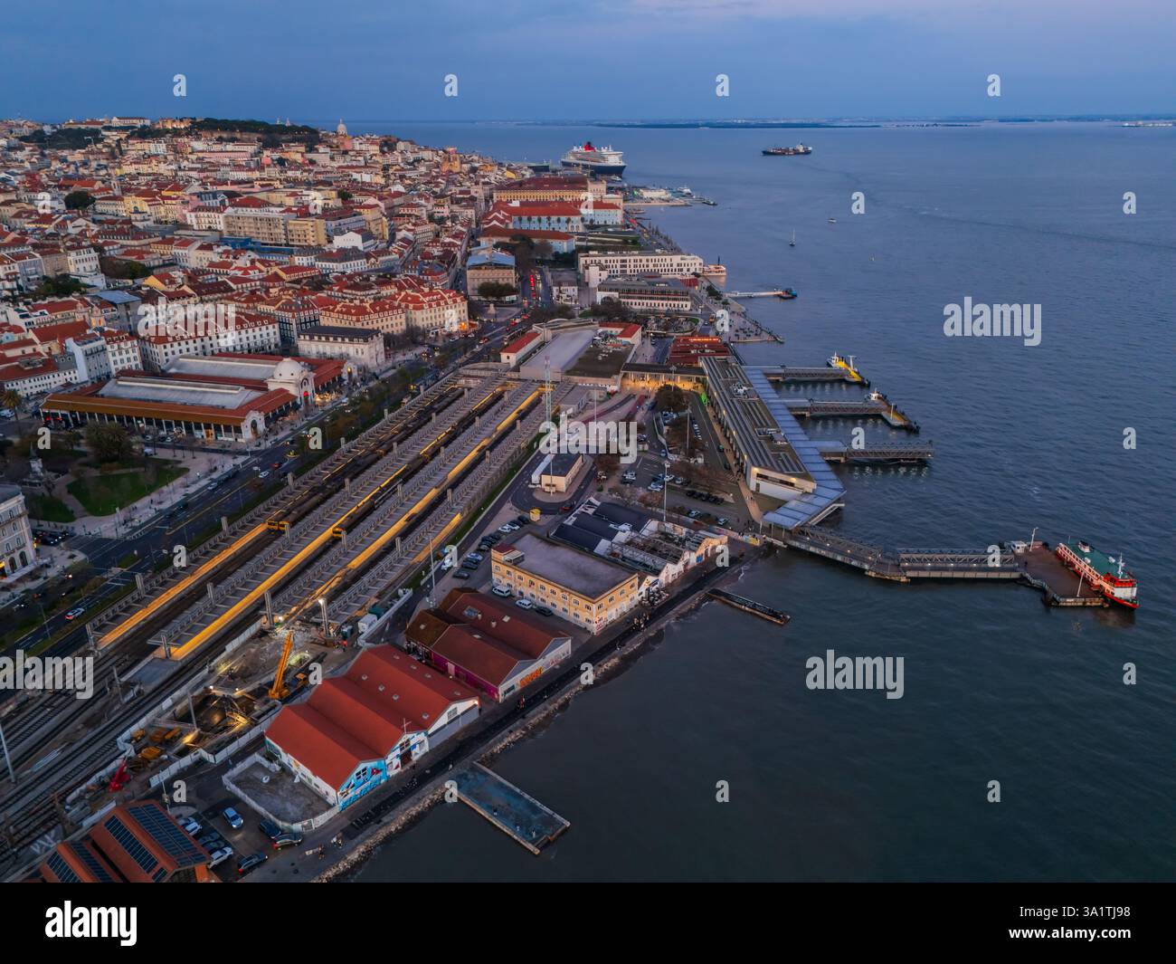 Aerial view of Cais do Sodre station and waterfront, Lisbon, Portugal ...