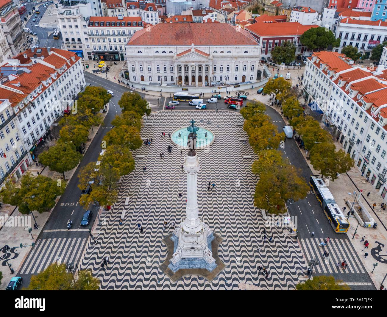 Aerial view of The King Pedro IV Square popularly known as Rossio, and ...