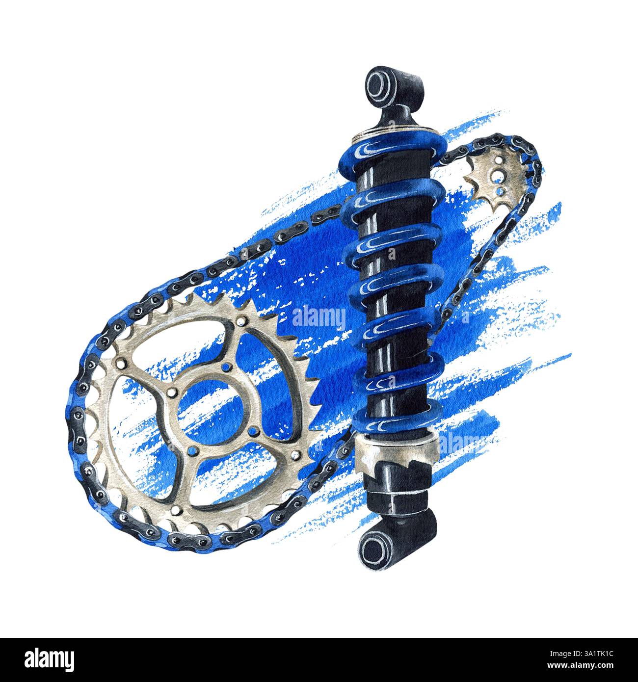 Motorbike chain, shock absorber on watercolor bright blue spot. Hand ...