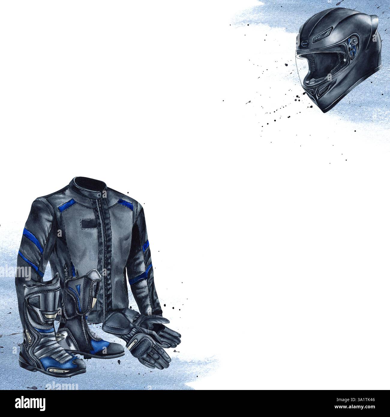 Motorcycle crash helmet, pair of leather gloves, boots and jacket. Moto ...