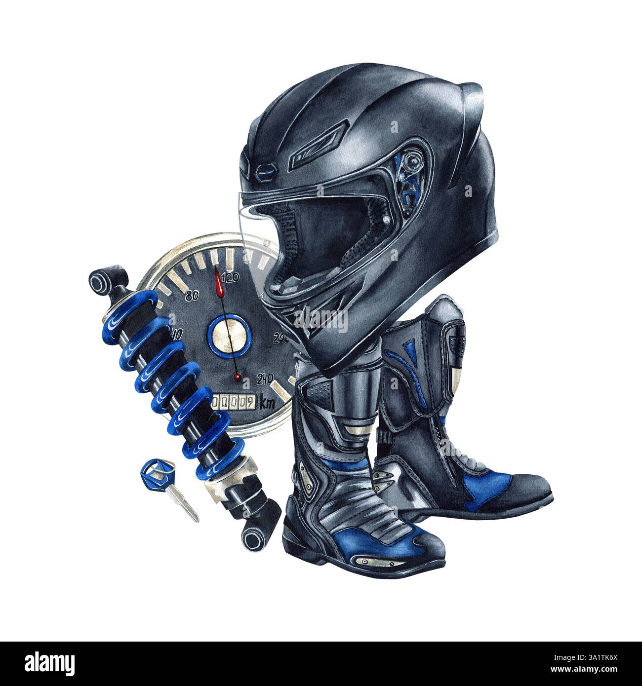 Composition with motorcycle helmet, boots, shock absorber and ...