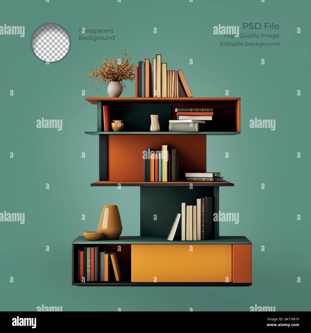 A modern shelving unit filled with a variety of books and decorative ...