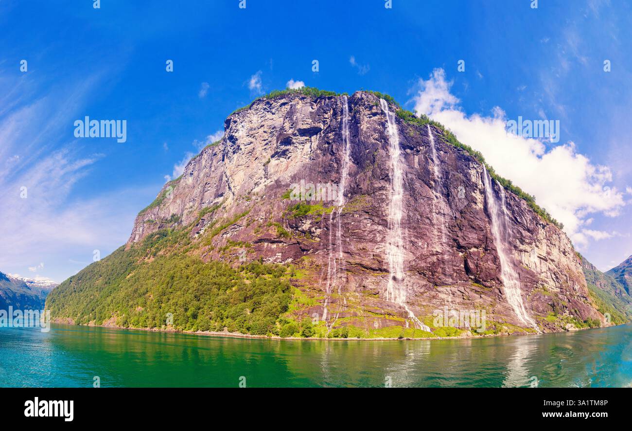 Panoramic view of Geirangerfjord. Seven Sisters Waterfall. Beautiful ...