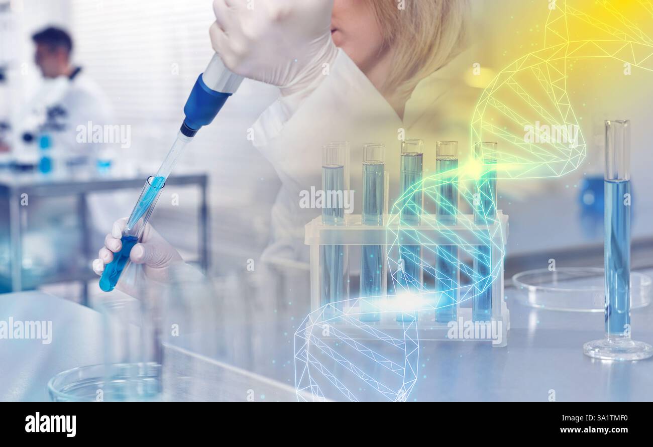 Biochemistry. Scientists working in laboratory, double exposure with ...