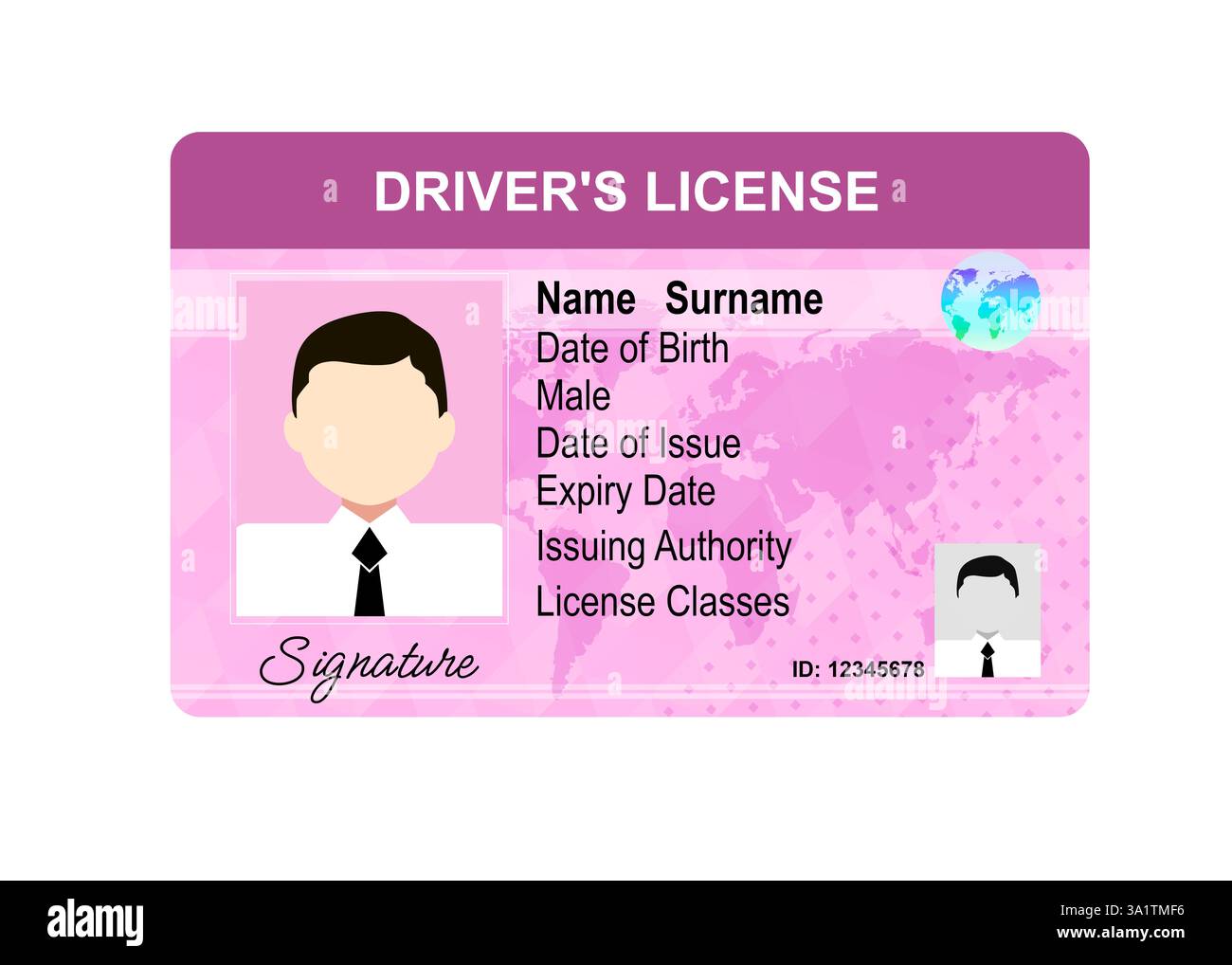Driver's license with male silhouette and illustration of world map ...