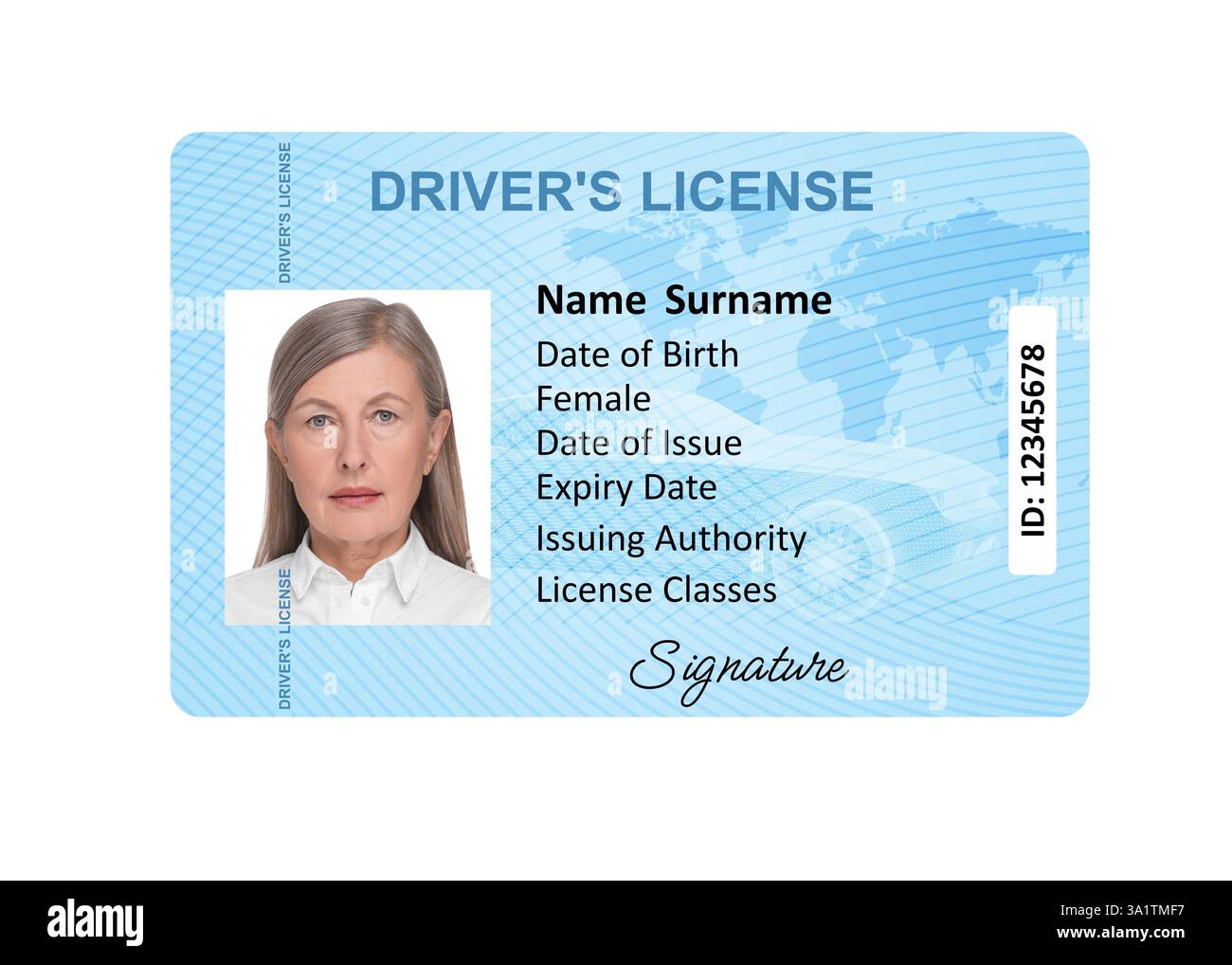 Driver's license with photo of woman and world map illustration ...