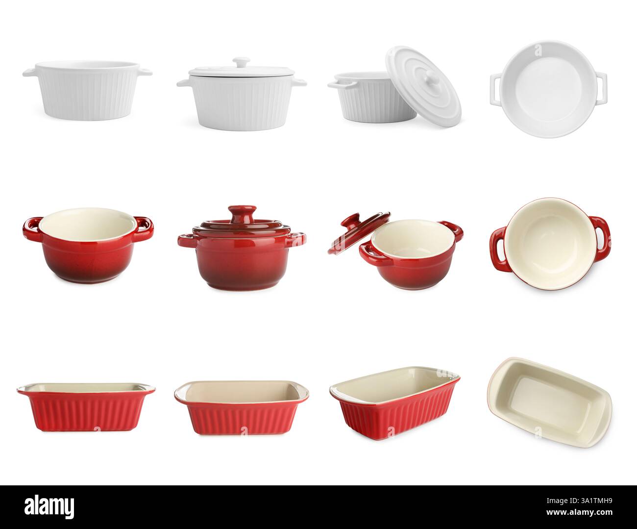 Different baking dishes on white background, collage. Views from ...