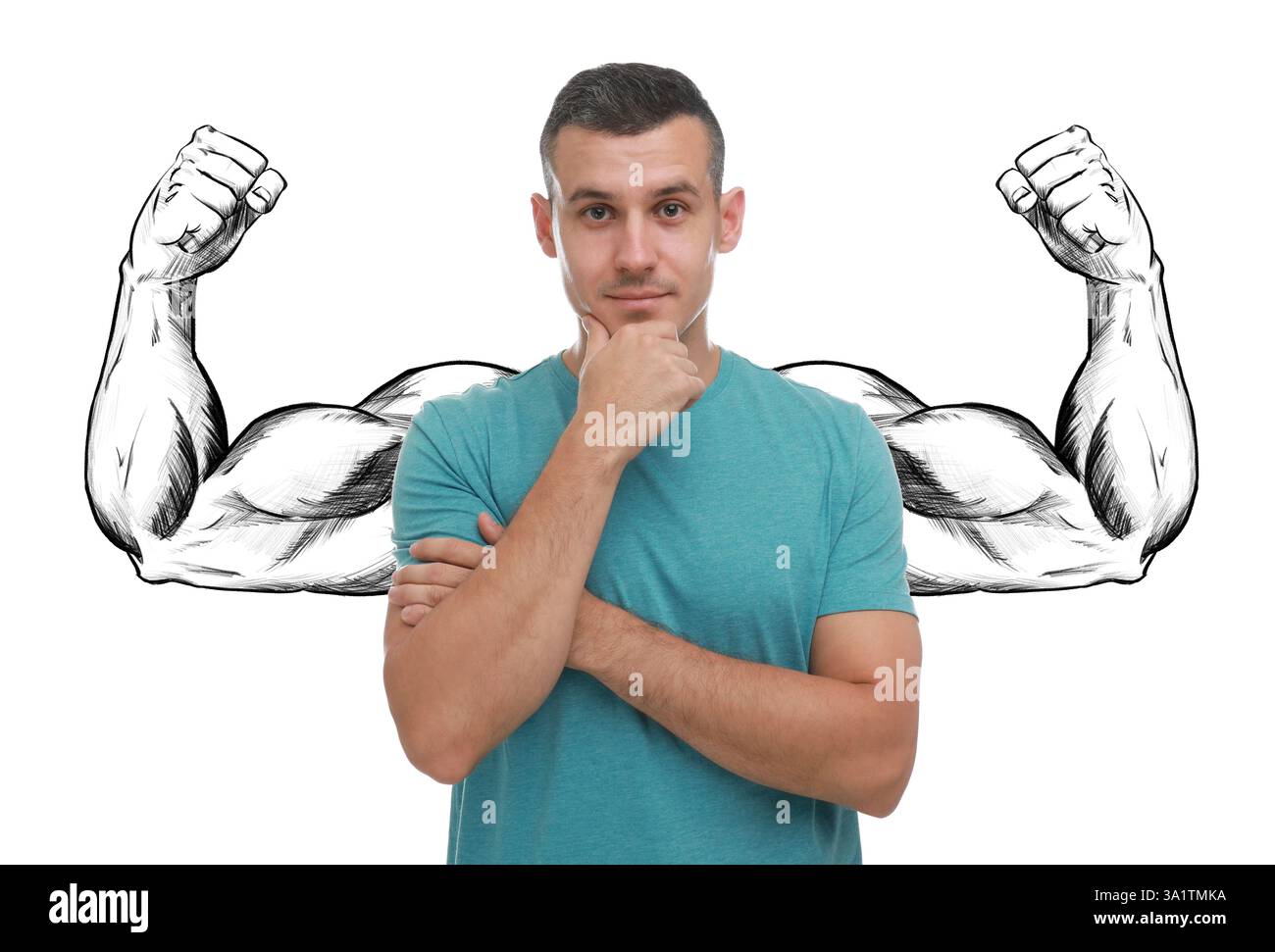 Handsome man with drawing of strong arms behind him on white background ...