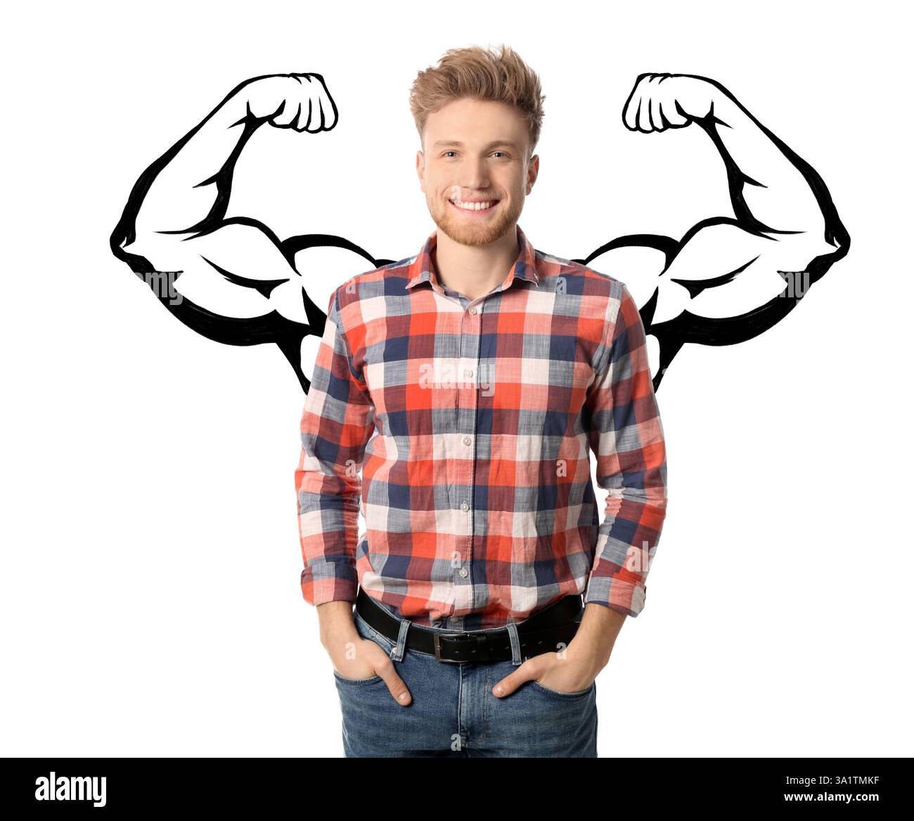 Confident man with drawing of strong arms behind him on white ...