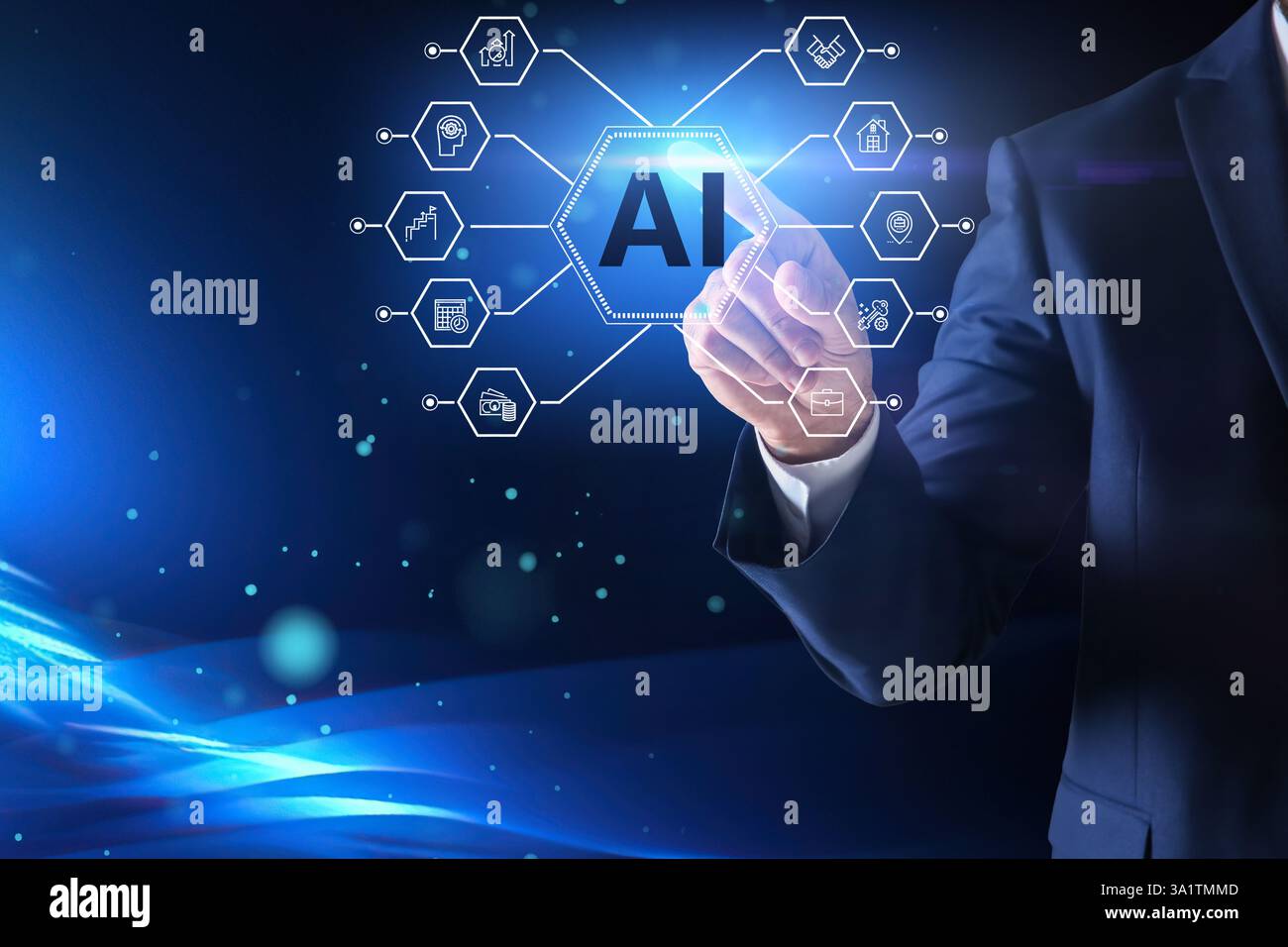 Artificial intelligence. Man using virtual screen with icons and AI ...