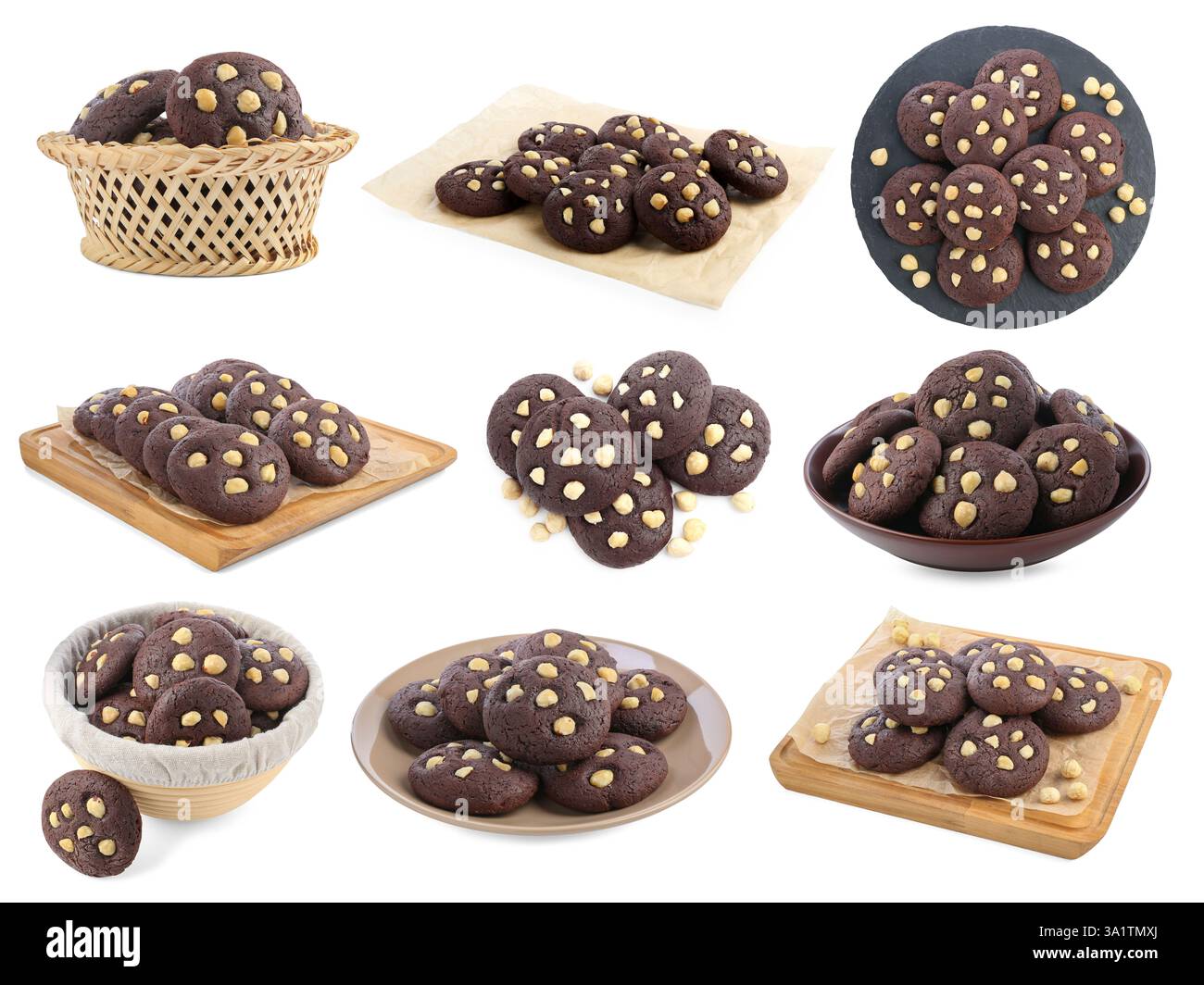Yummy chocolate cookies with hazelnuts isolated on white, set Stock ...