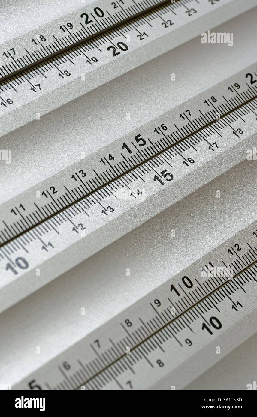 Group of metal rulers, close up shot, abstract background Stock Photo ...