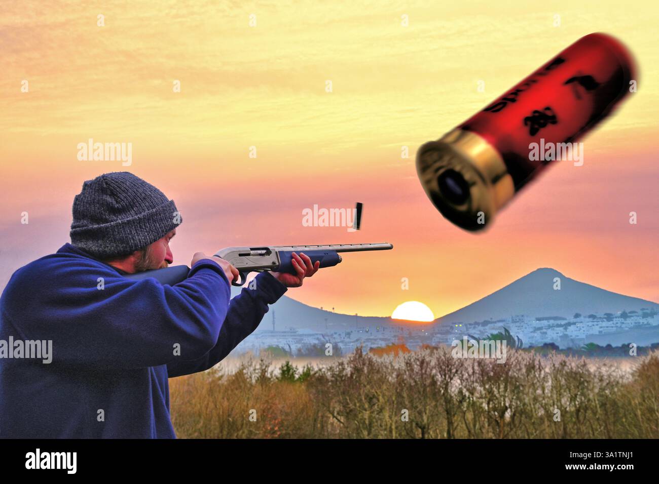 Shotgun shooting as the sun goes down with shells ejecting from the ...