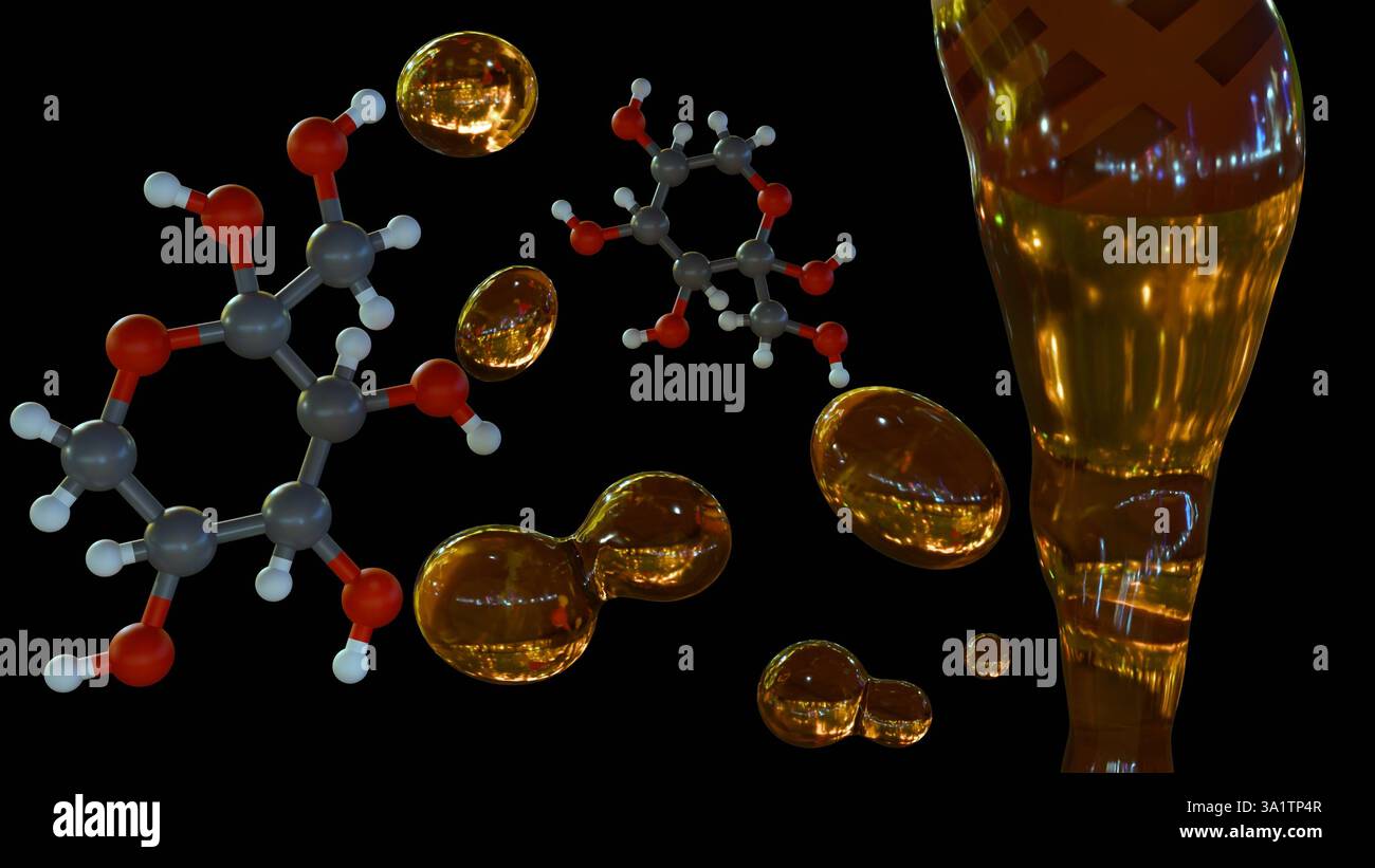 A 3d rendering of honey dipper with the structure of fructose. Honey, a ...