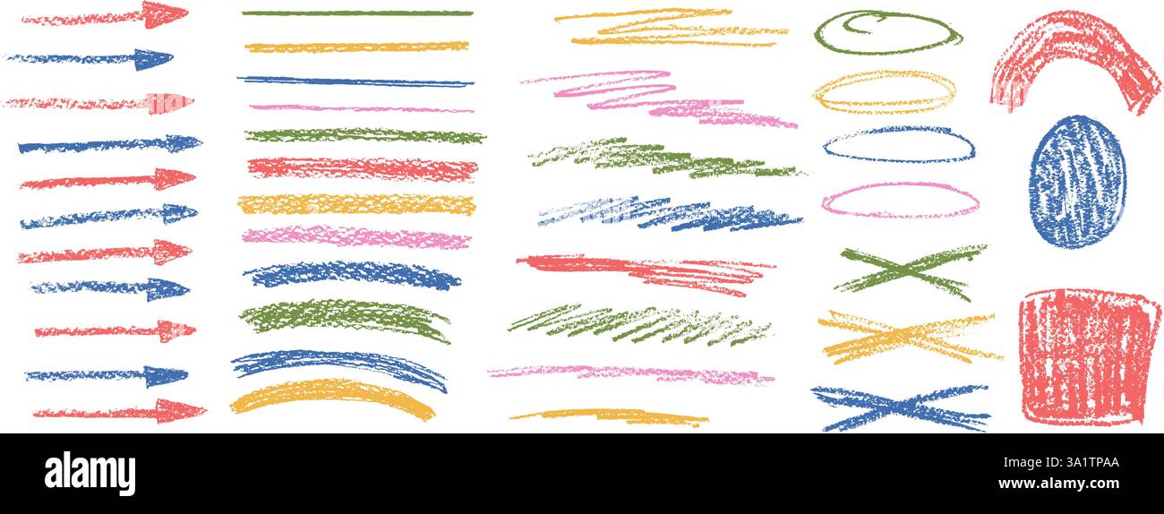 Chalk emphasis figure set. Crayon underline and arrows. Pencil scribble ...