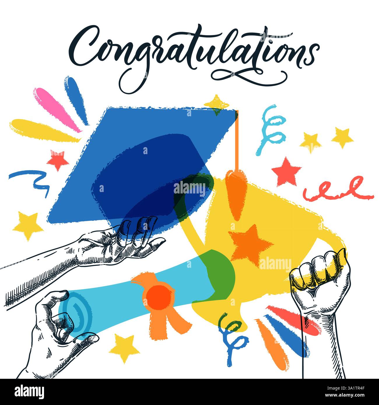 Graduation banner, poster, greeting card design template with diploma, mortarboard gold cup in ...