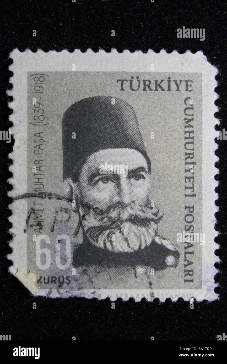 ISTANBUL, TURKEY - DECEMBER 25, 2020: Turkish stamp shows Gazi Ahmet ...