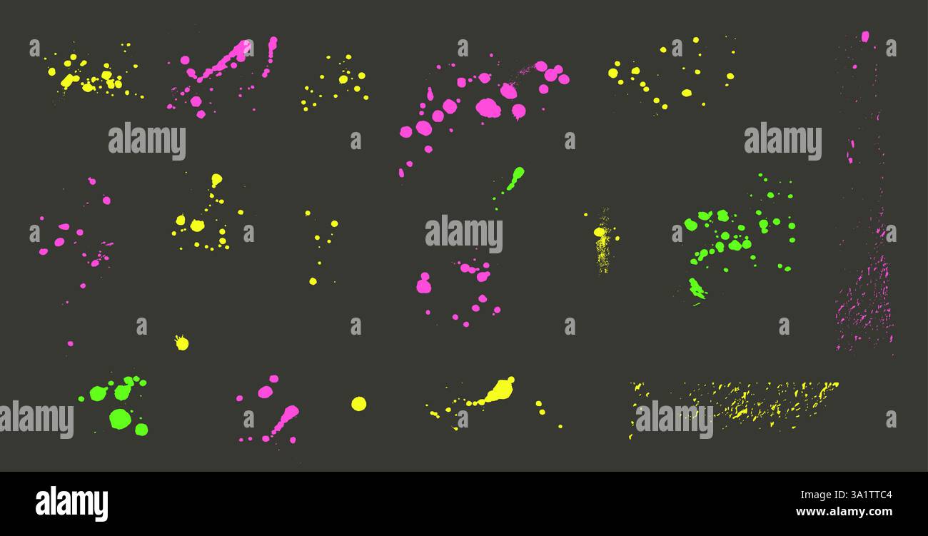 Paint spray splatters set. Grunge graffiti splashes and drips pack. Ink spots and blob shapes ...