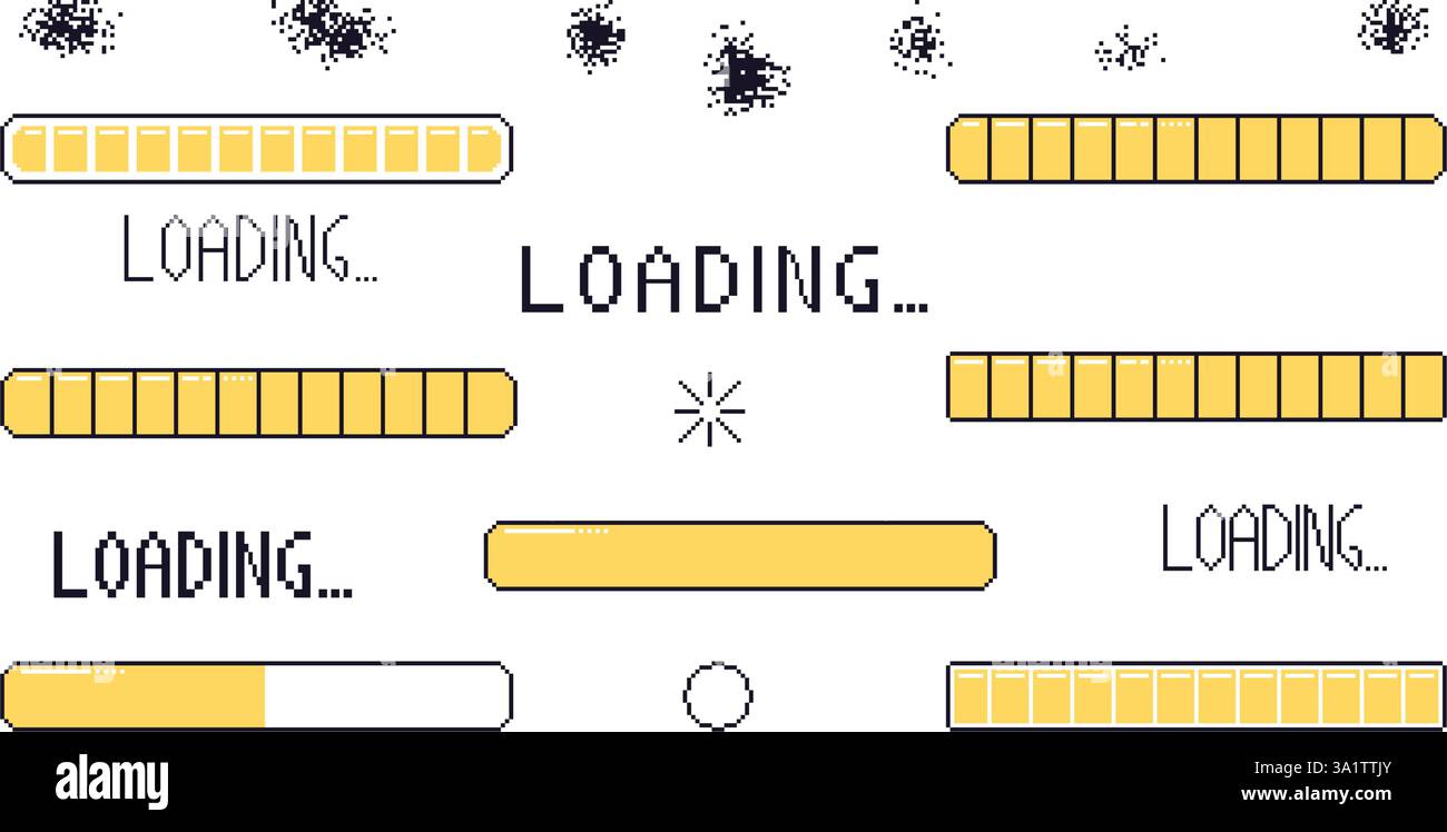 Pixel art loading bar interface. 8 bit game progress button elements set and text. Different ...