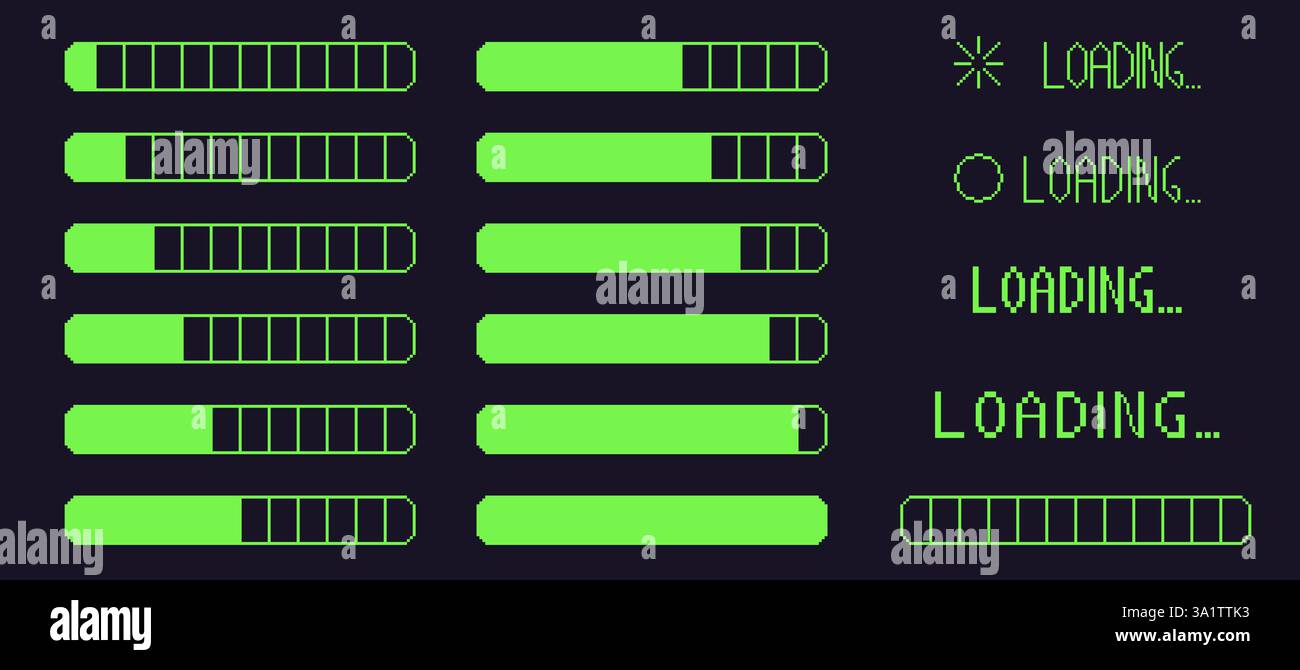Pixel art retro loading bar interface. 8 bit progress button elements set and text. Green stroke ...
