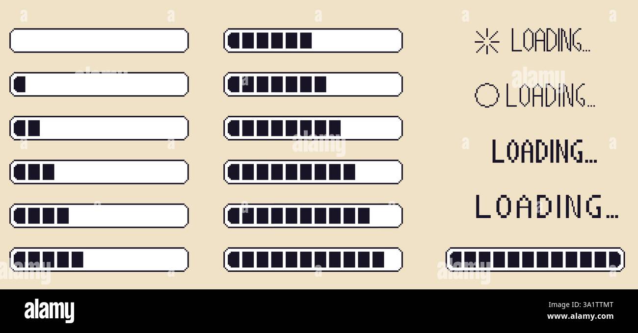 Pixel Art Retro Loading Bar Interface 8 Bit Progress Button Elements Set And Text Game Waiting