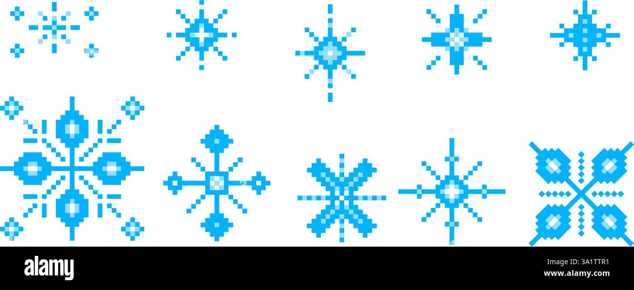 Pixel art snowflakes. 8 bit sparkles. Winter Christmas decoration in ...