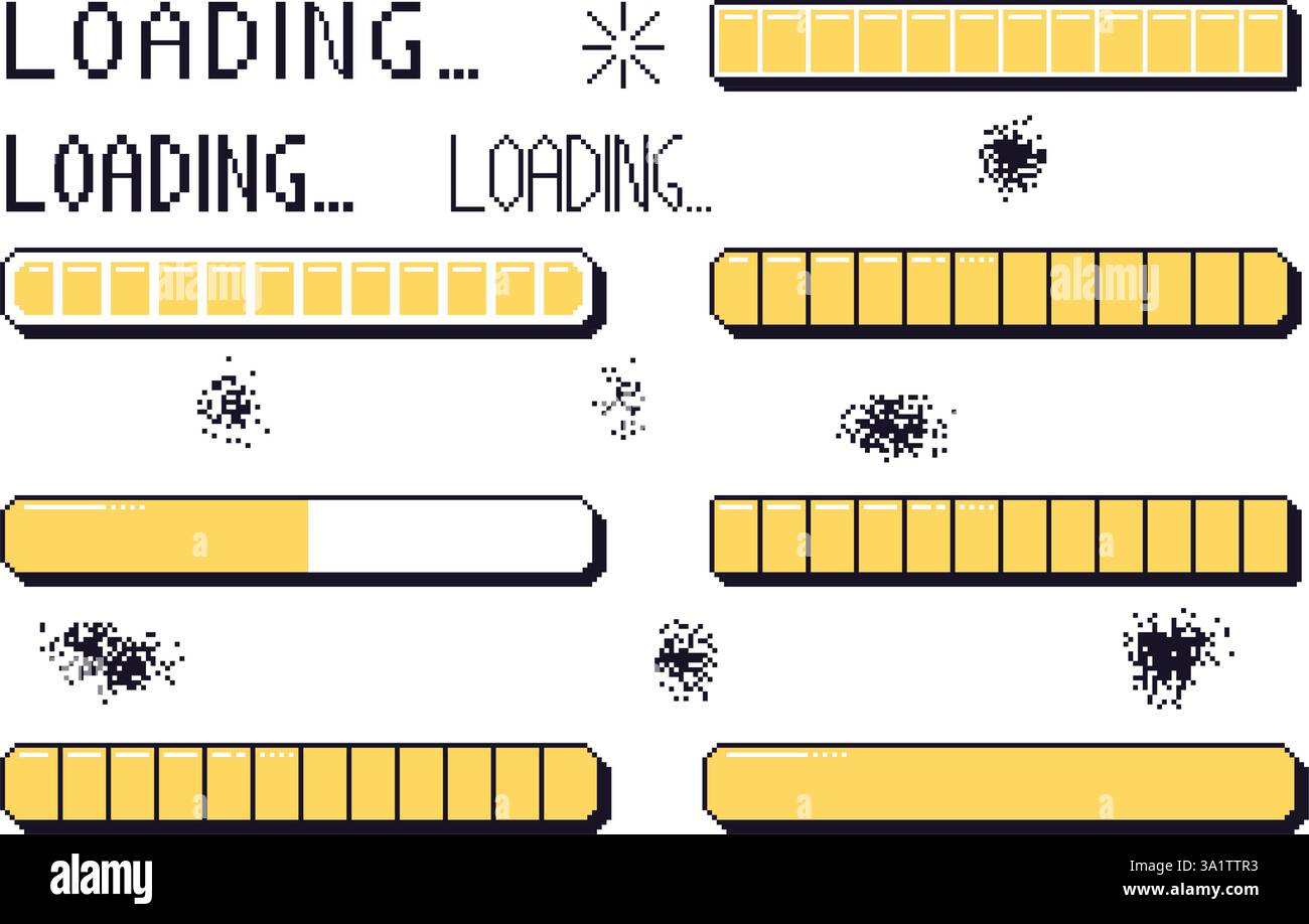 Pixel art loading bar interface. 8 bit game progress button elements set and text. Waiting signs ...