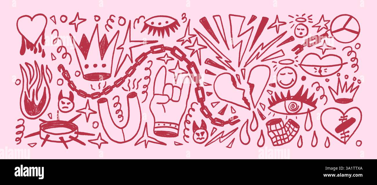 Rock girly crayon drawn set. Punk coquette breaking heart doodle ...