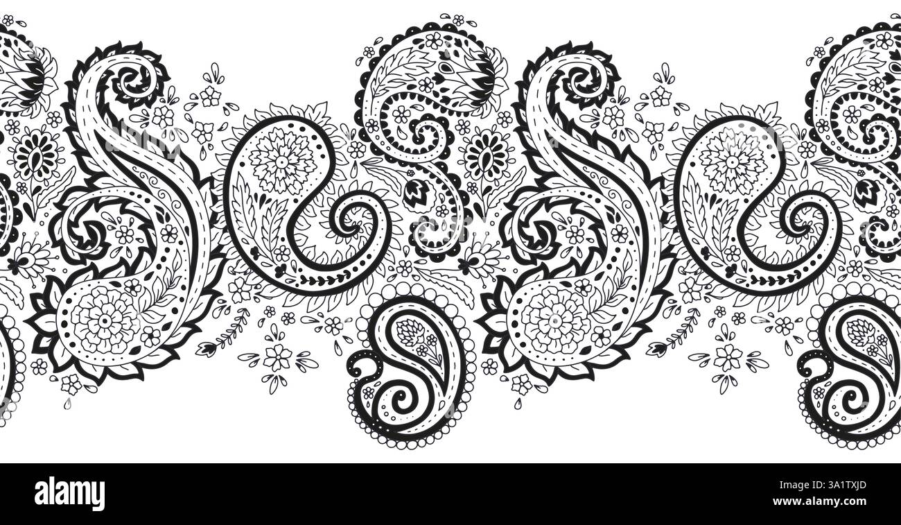 Seamless border with black and white paisley floral pattern. Intricate ...