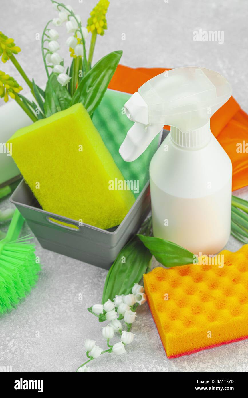 Spring cleaning house concept. Housekeeping supplies, bottles, tools ...