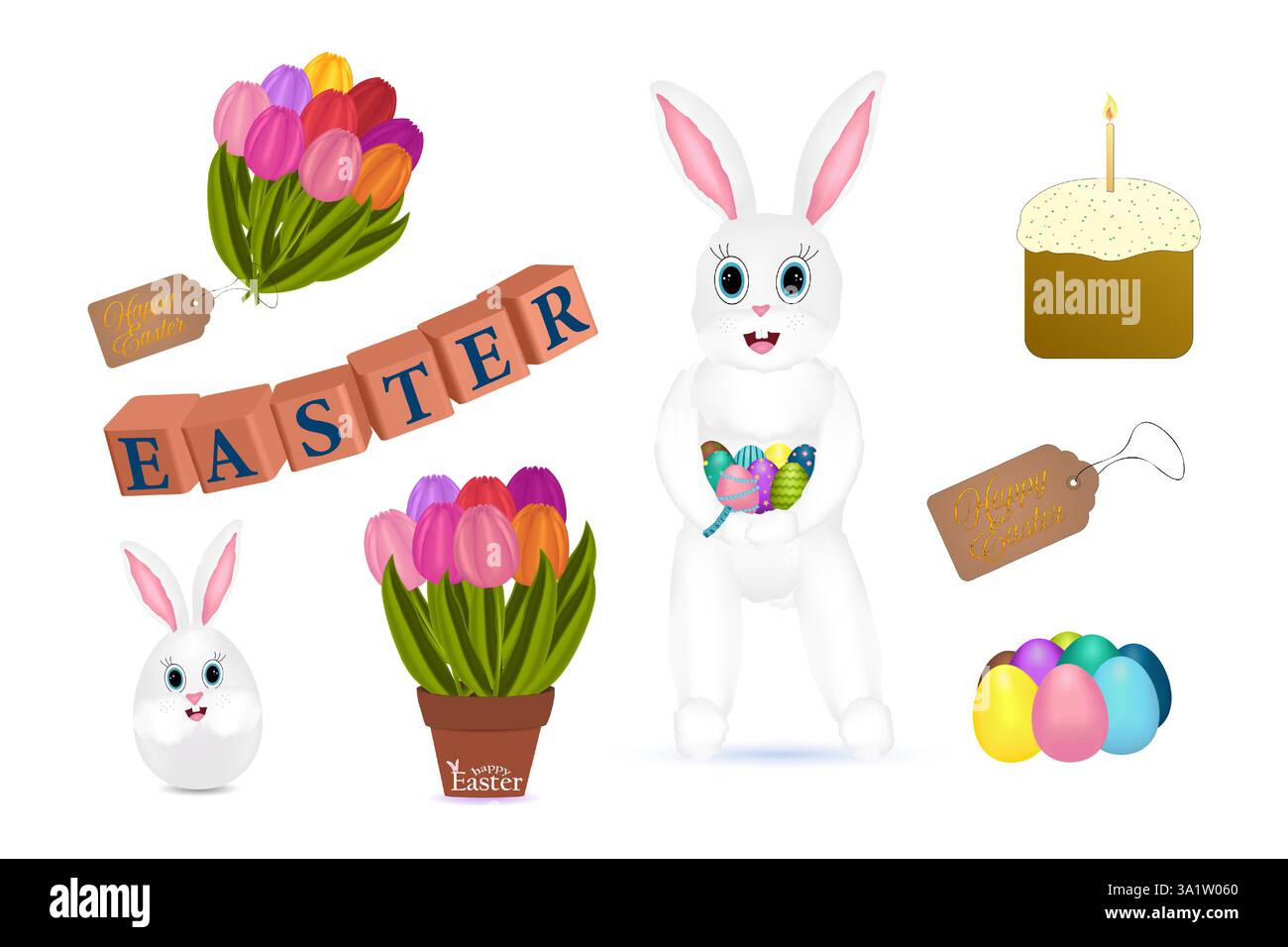 A festive Easter clipart set featuring a bunny, colorful eggs, tulips ...