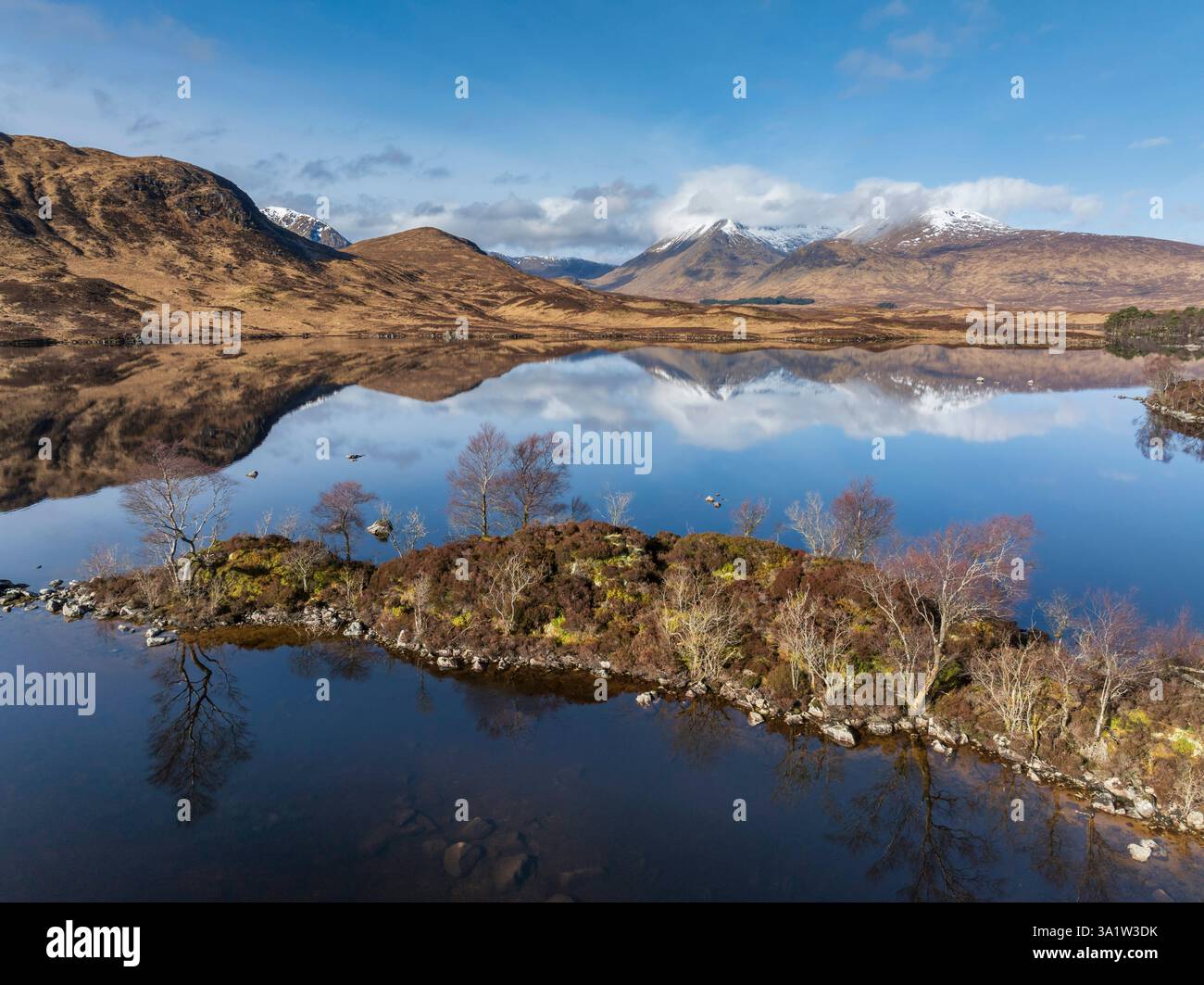 Aerial view of Lochan na h-achlaise on Rannoch Moor in the Scottish ...