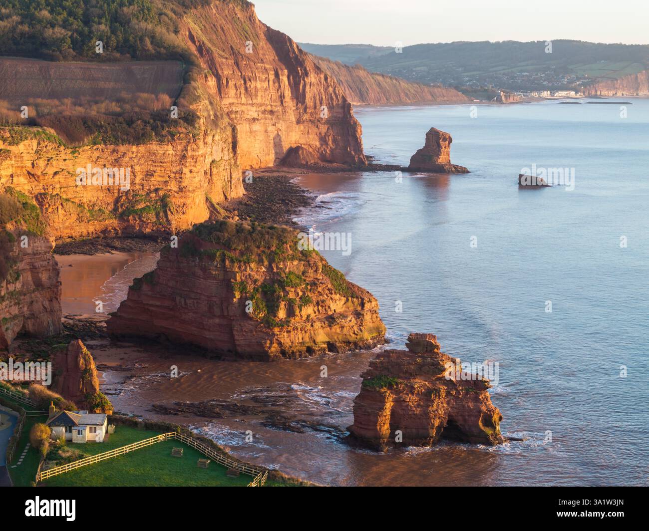 Aerial view of Ladram Bay on the East Devon coast, England. Winter ...