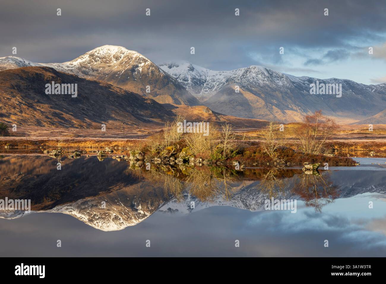 Mountain reflections in Lochan na h-achlaise on Rannoch Moor in the ...