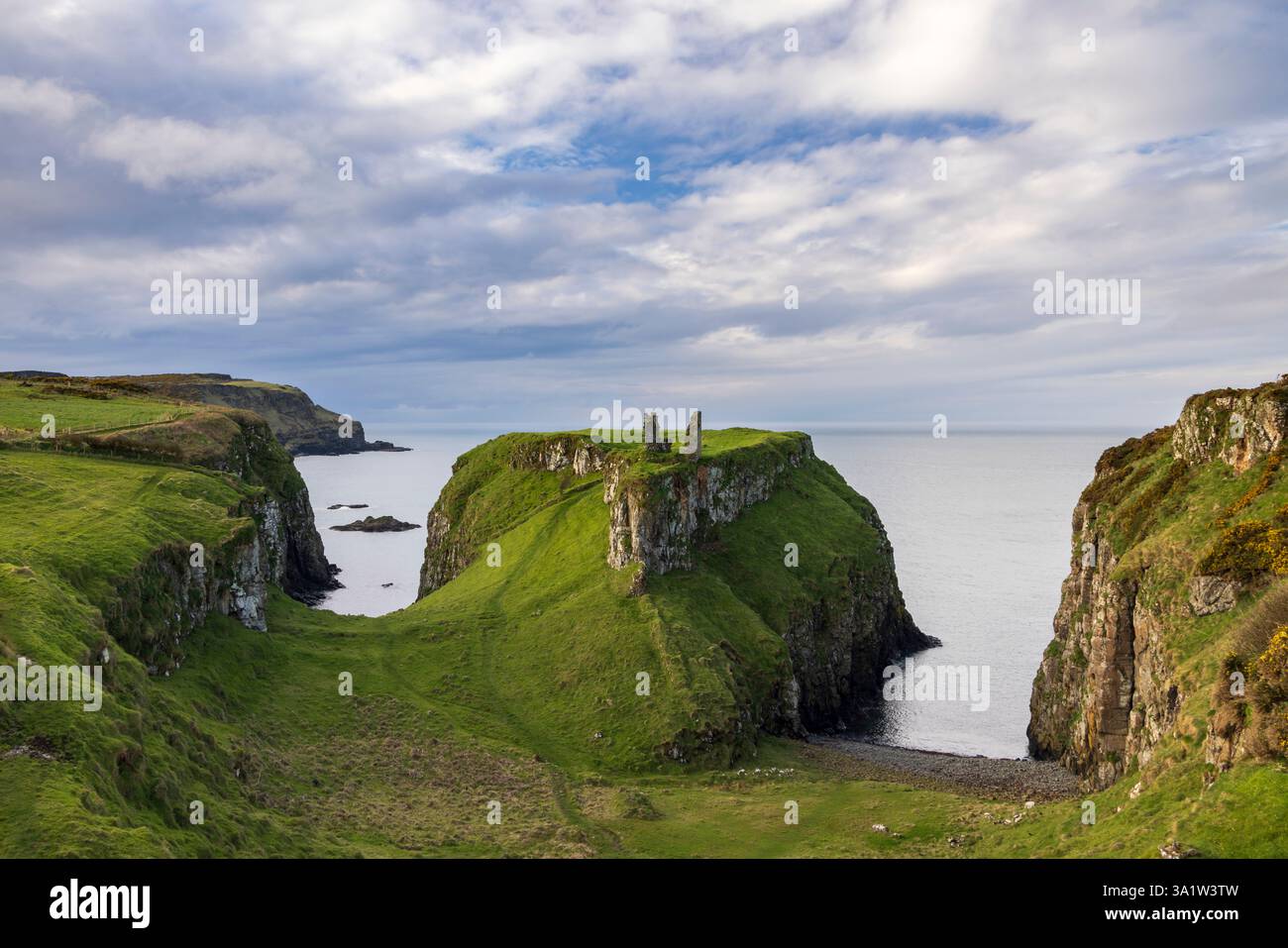 The ruins of Dunseverick Castle on the cliffs of the Causeway Coast in ...