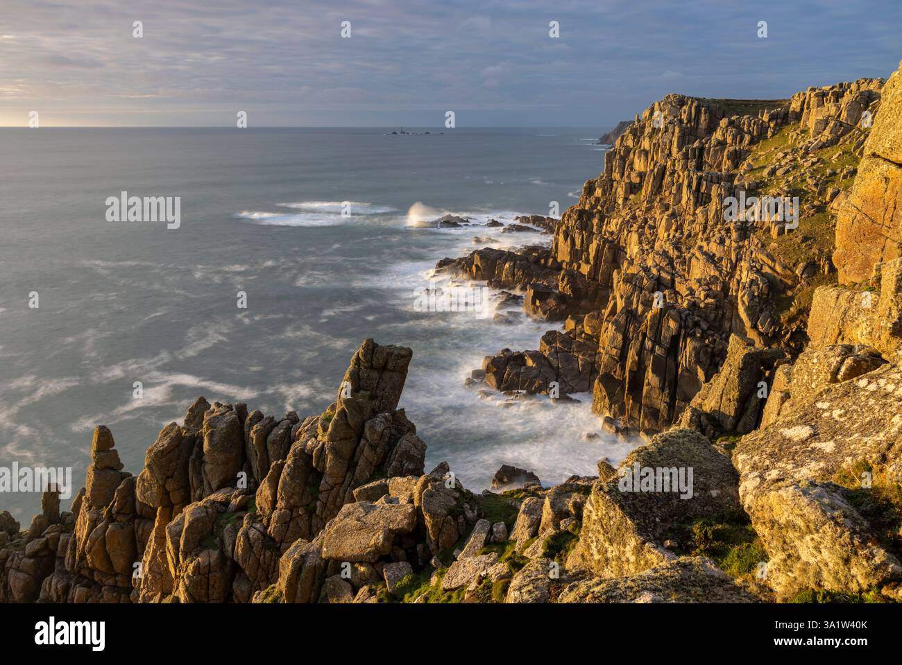 Dramatic granite cliffs near Gwennap Head in Cornwall, England. Winter ...