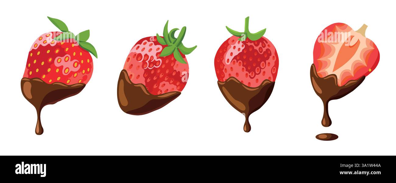 Chocolate covered strawberries set. Drop of melting chocolate dripping ...