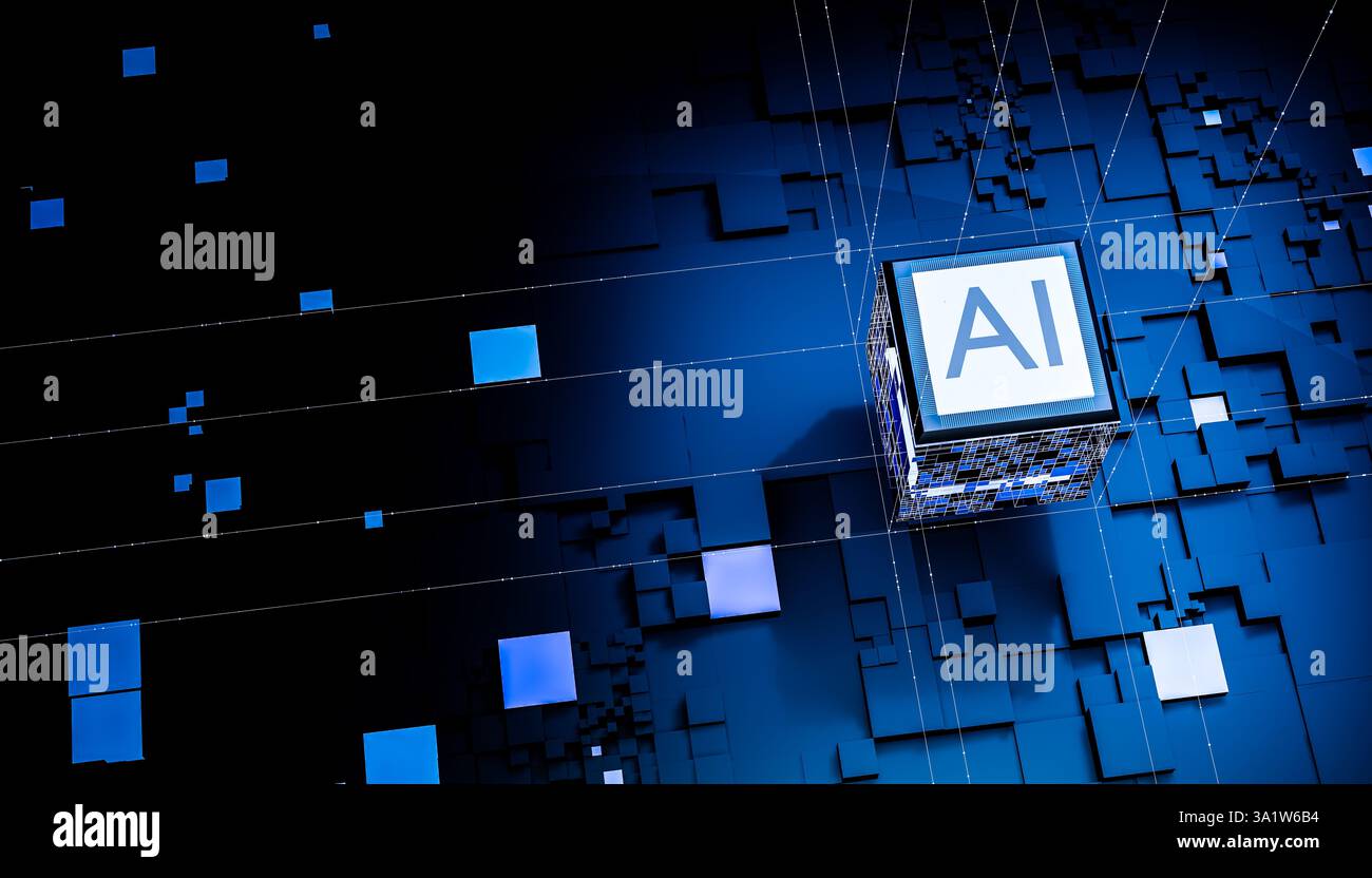 Advanced AI CPU shining bright blue futuristic cube digital tech circuit innovation processor ...