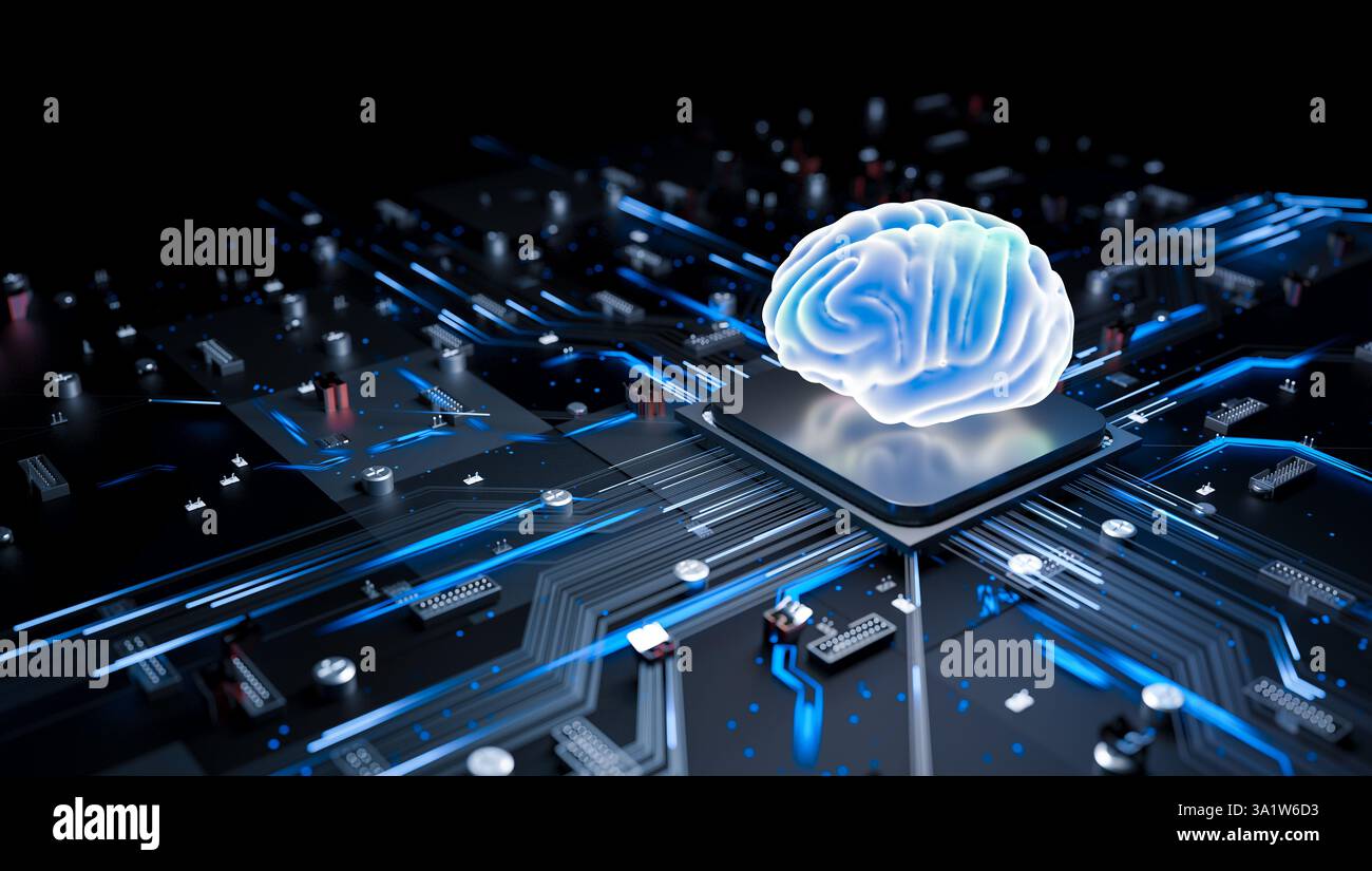 3D illustration of artificial intelligence brain on microchip, neural processor with blue ...