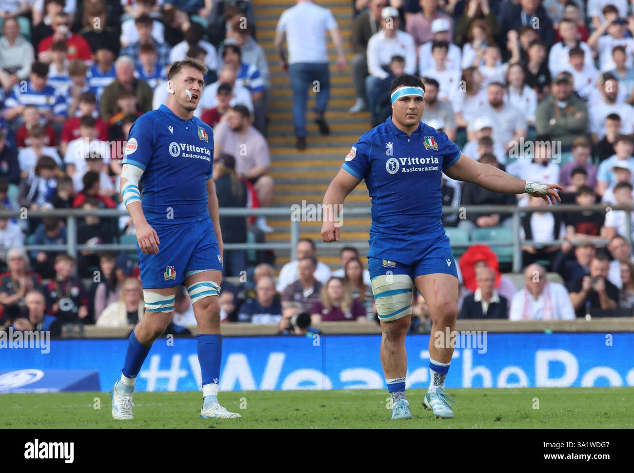 London, UK. 09th Mar, 2025. L-R Michele Lamaro(Benetton Rugby)of Italy ...