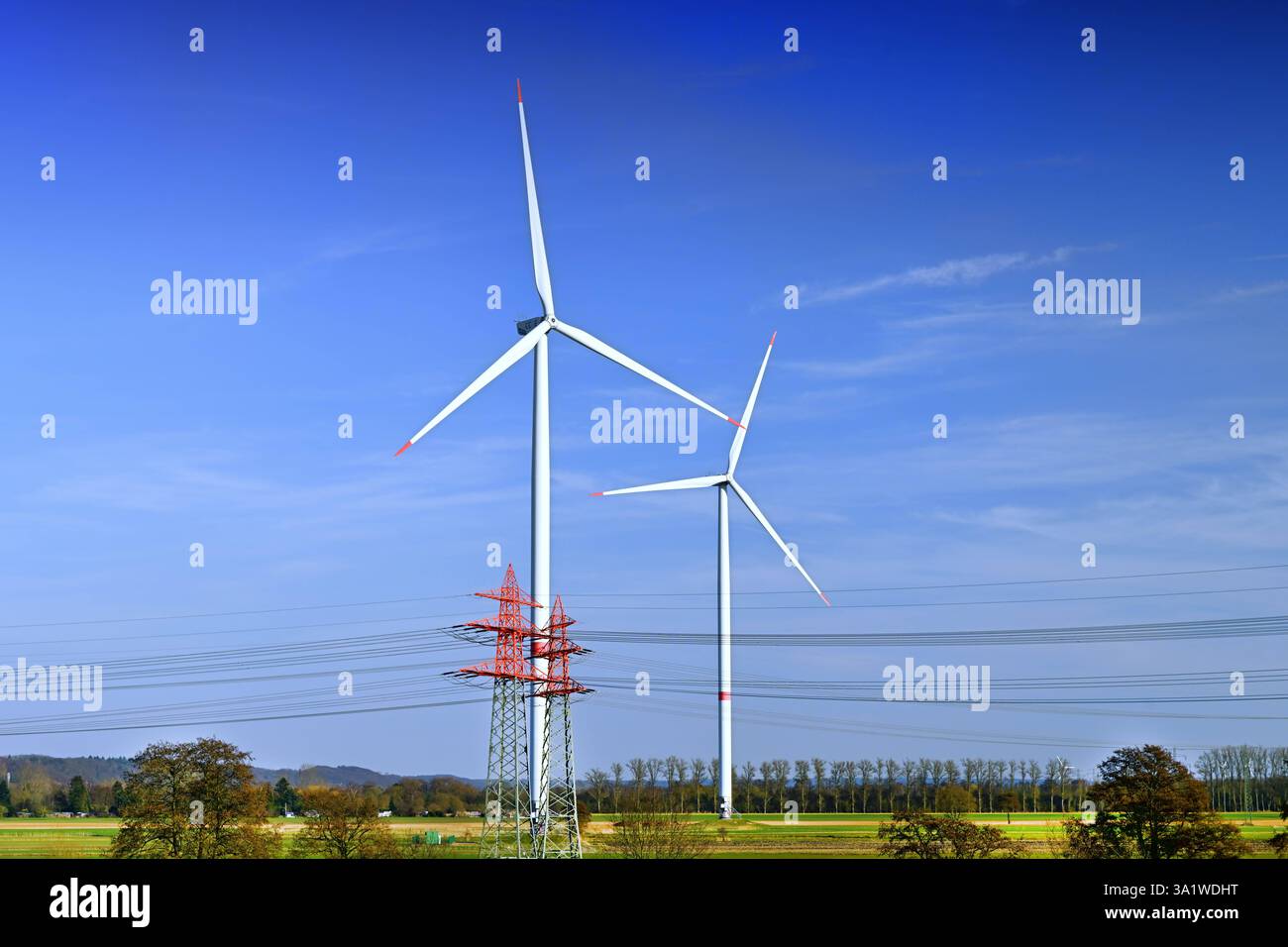 Windräder und Strommasten in Curslack, Hamburg, Deutschland *** Wind ...
