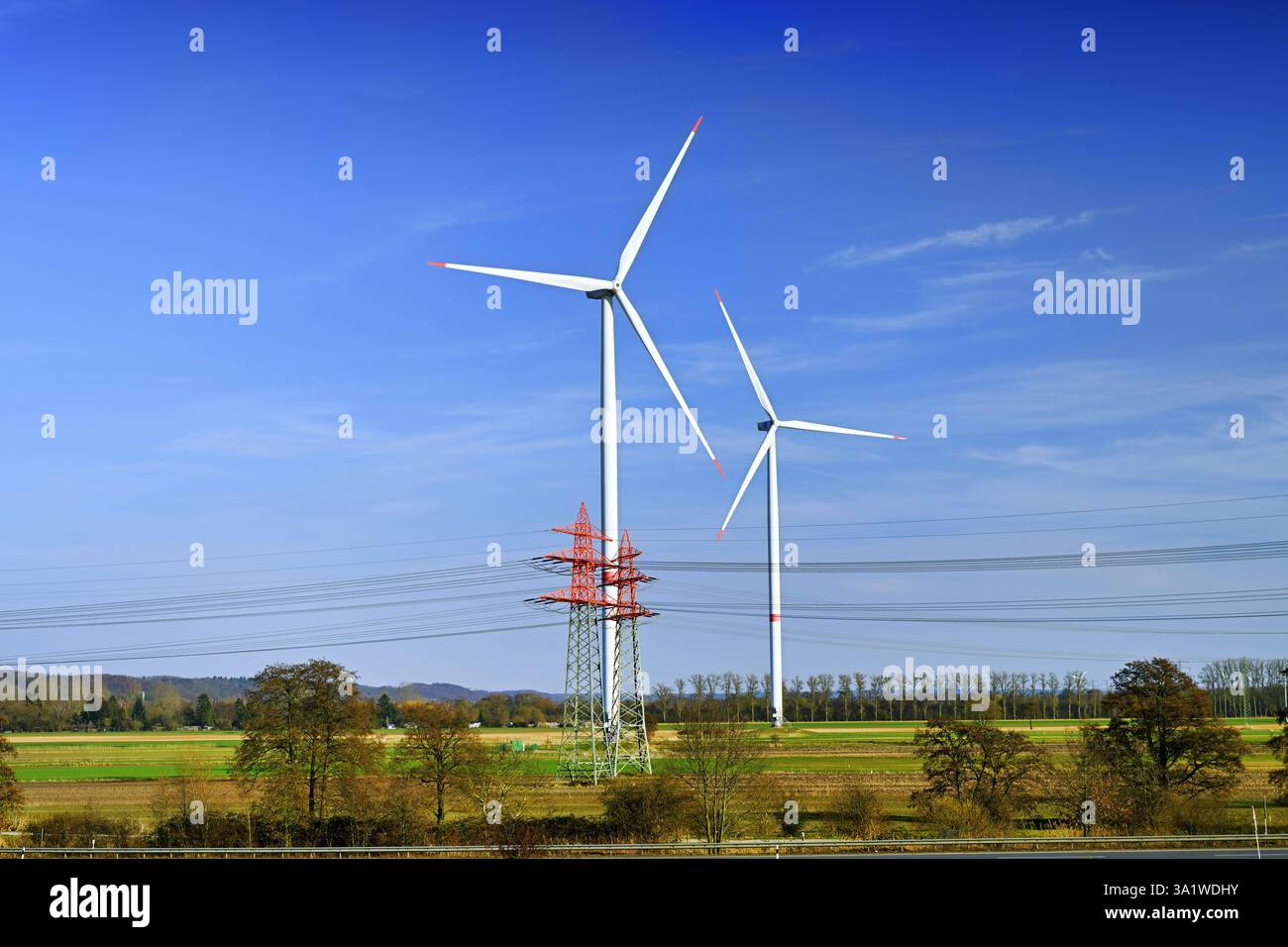 Windräder und Strommasten in Curslack, Hamburg, Deutschland *** Wind ...