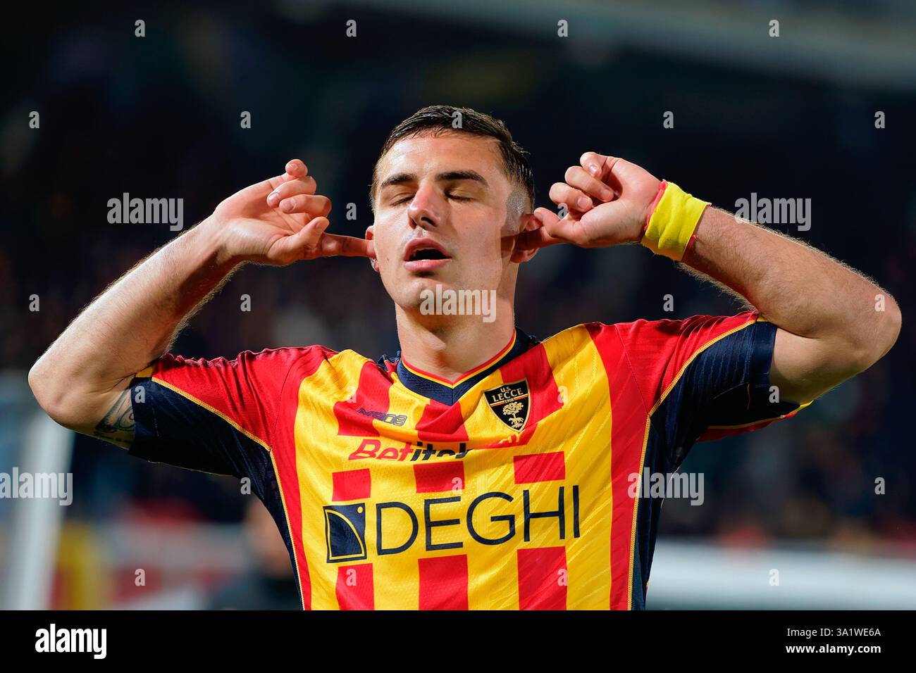 Lecce, Italy. 08th Mar, 2025. Nikola Krstovic of US Lecce celebrates ...