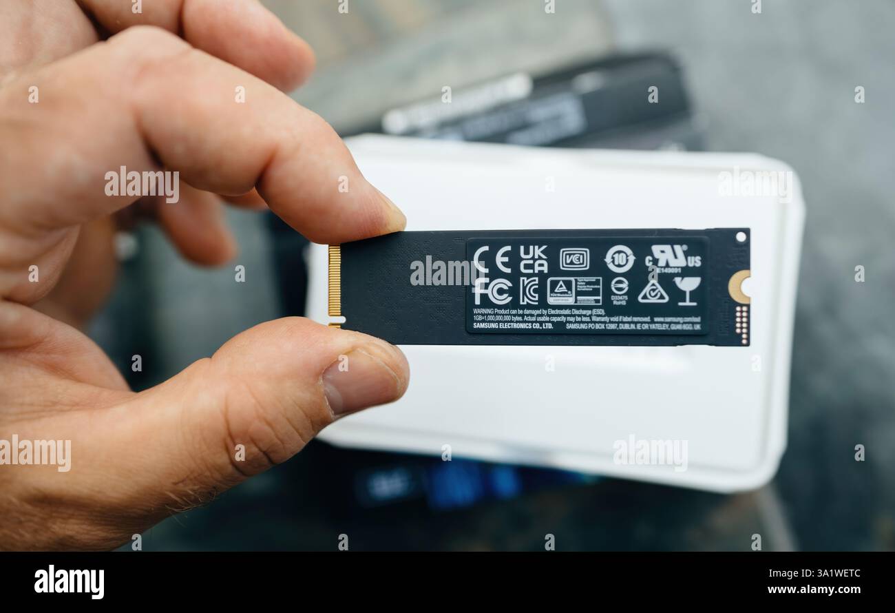 Paris, France - Jun 15, 2025: Description: Hand holding a Samsung 970 ...