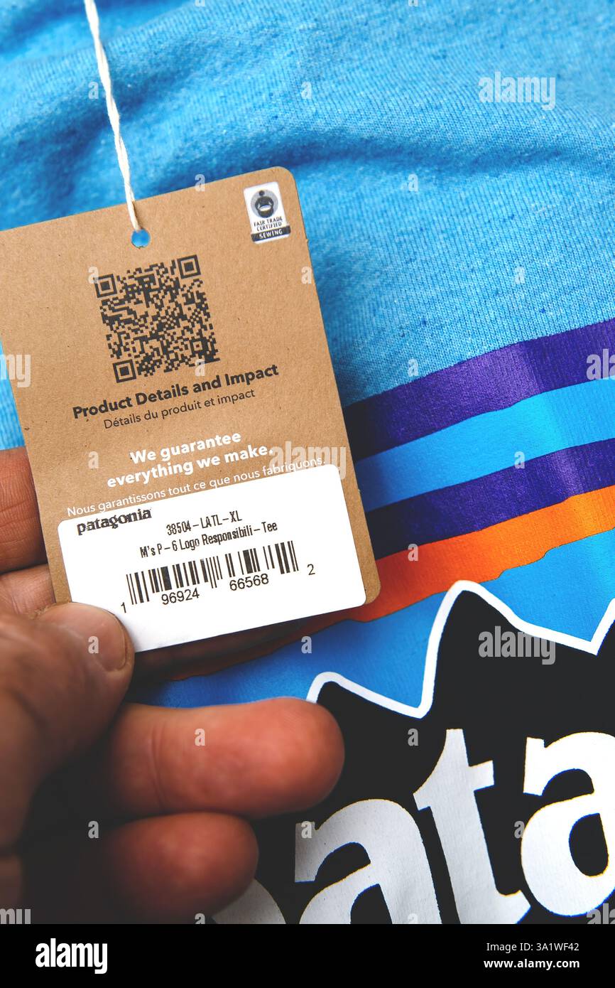 Paris, France - Feb 8, 2025: Patagonia tag on a blue shirt highlighting ...