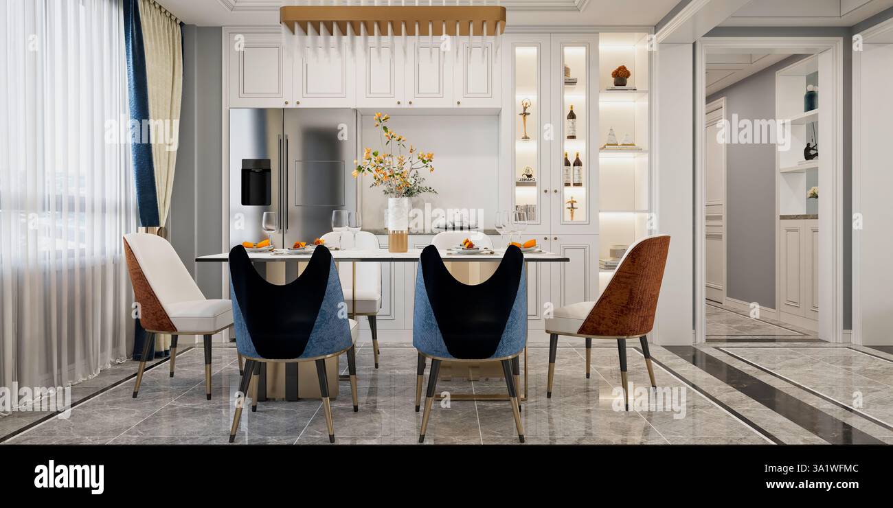 3d render luxury living room, dining room Stock Photo - Alamy