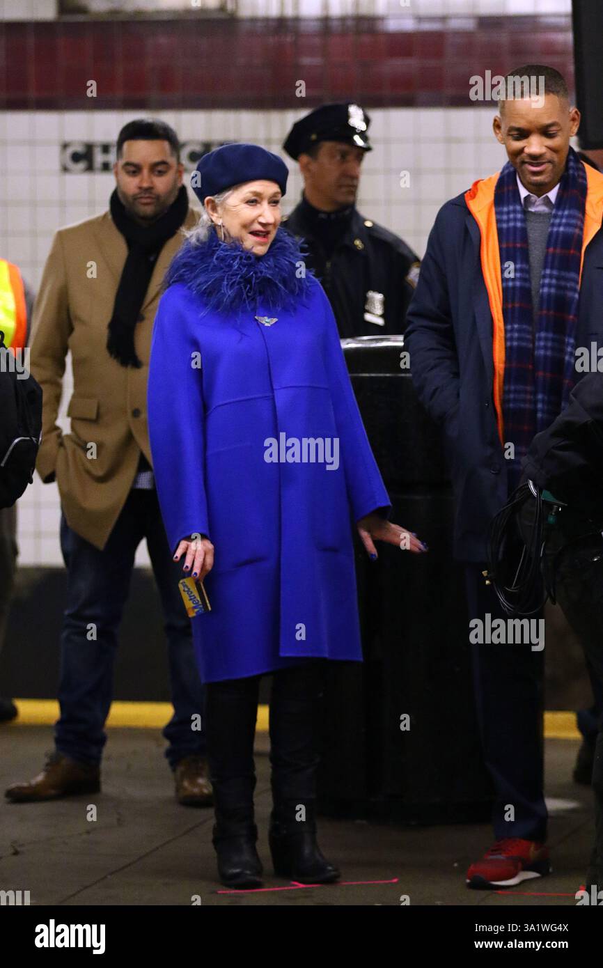 Actors Helen Mirren and Will Smith shooting a scene in a Brooklyn ...